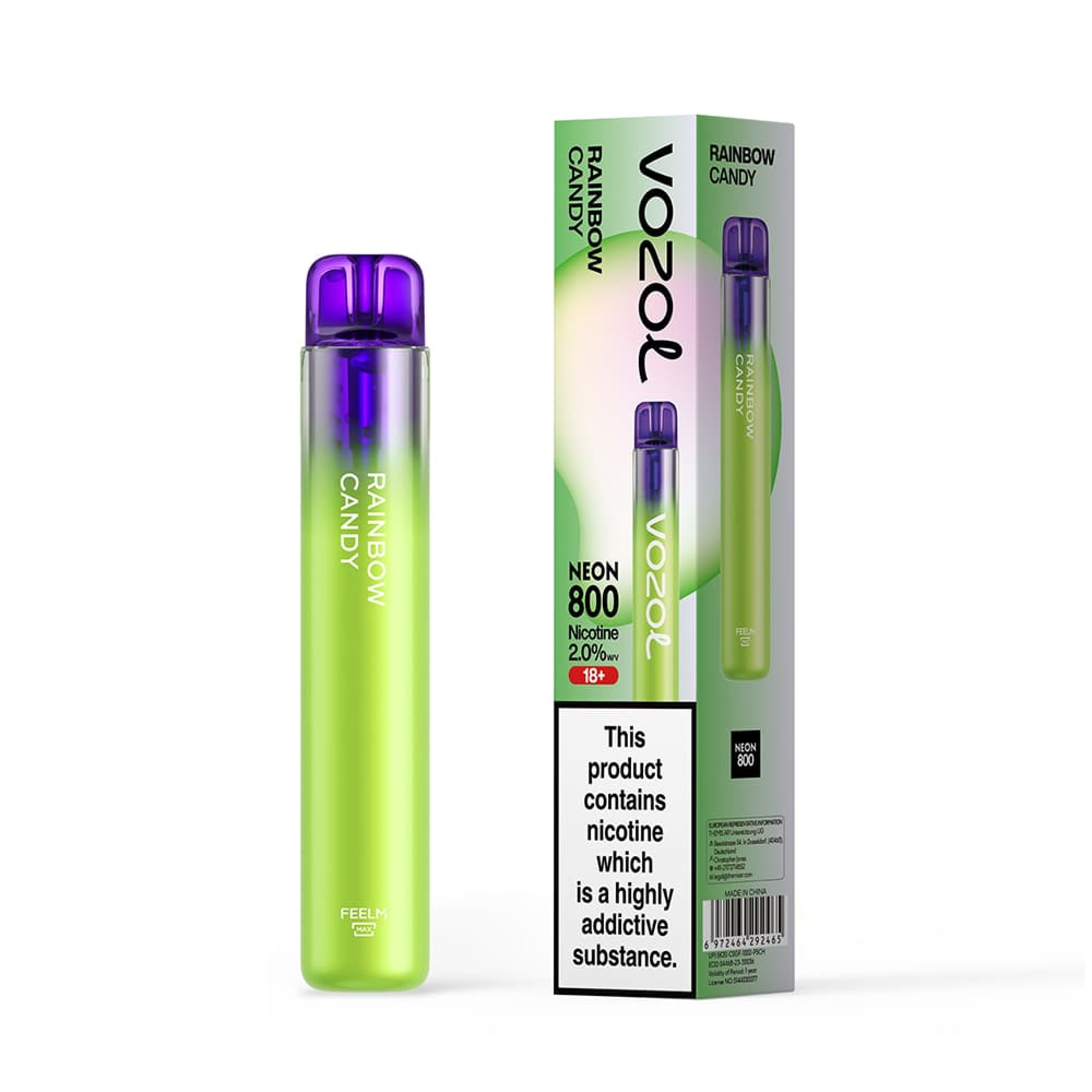 Vozol Neon 800 Vape μιας χρήσης 2ml 2%mg 800puffs Rainbow Candy - 4024