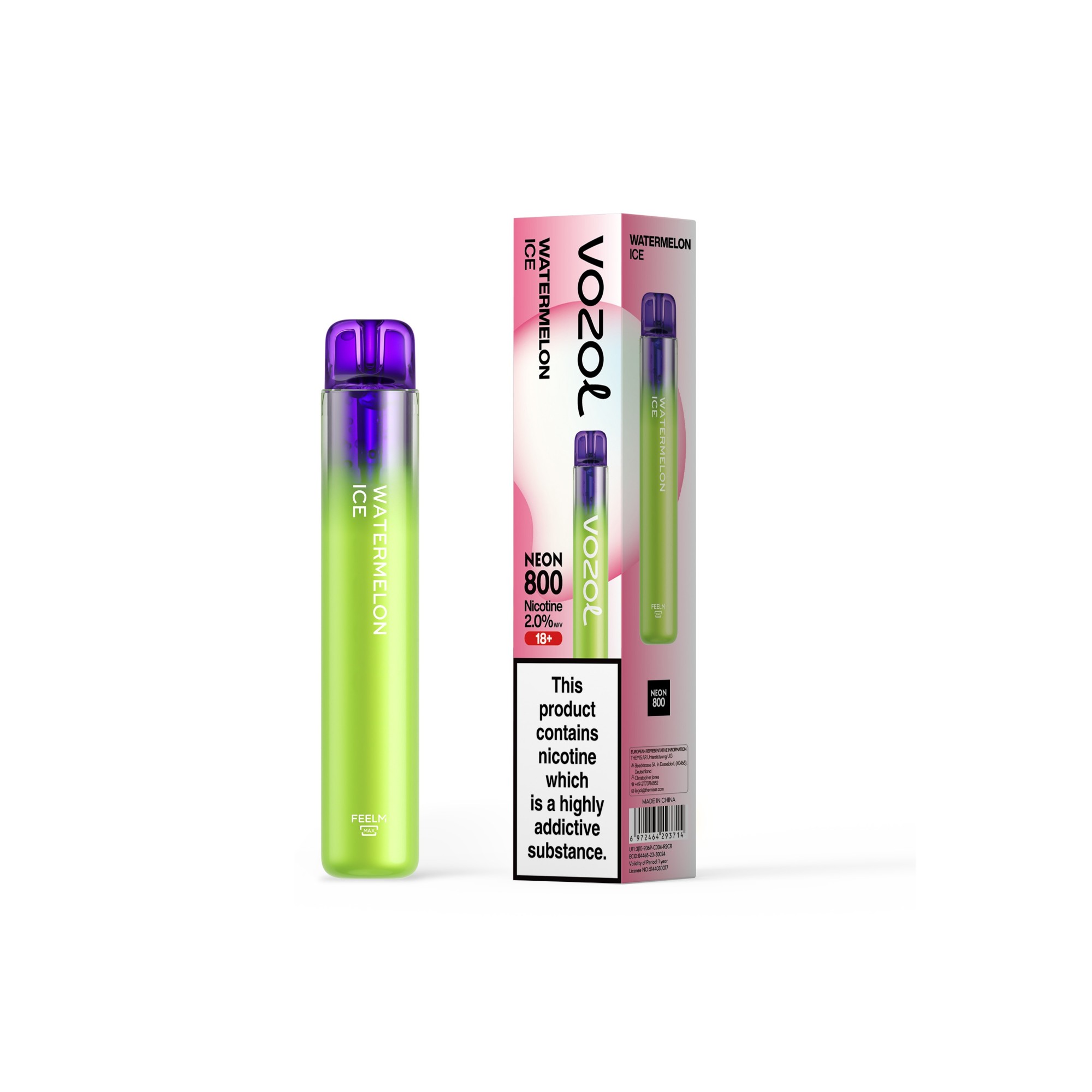 VOZOL NEON 800 VAPE ΜΙΑΣ ΧΡΗΣΗΣ 2ML 2%NIC 800PUFF WATERMELON ICE ...